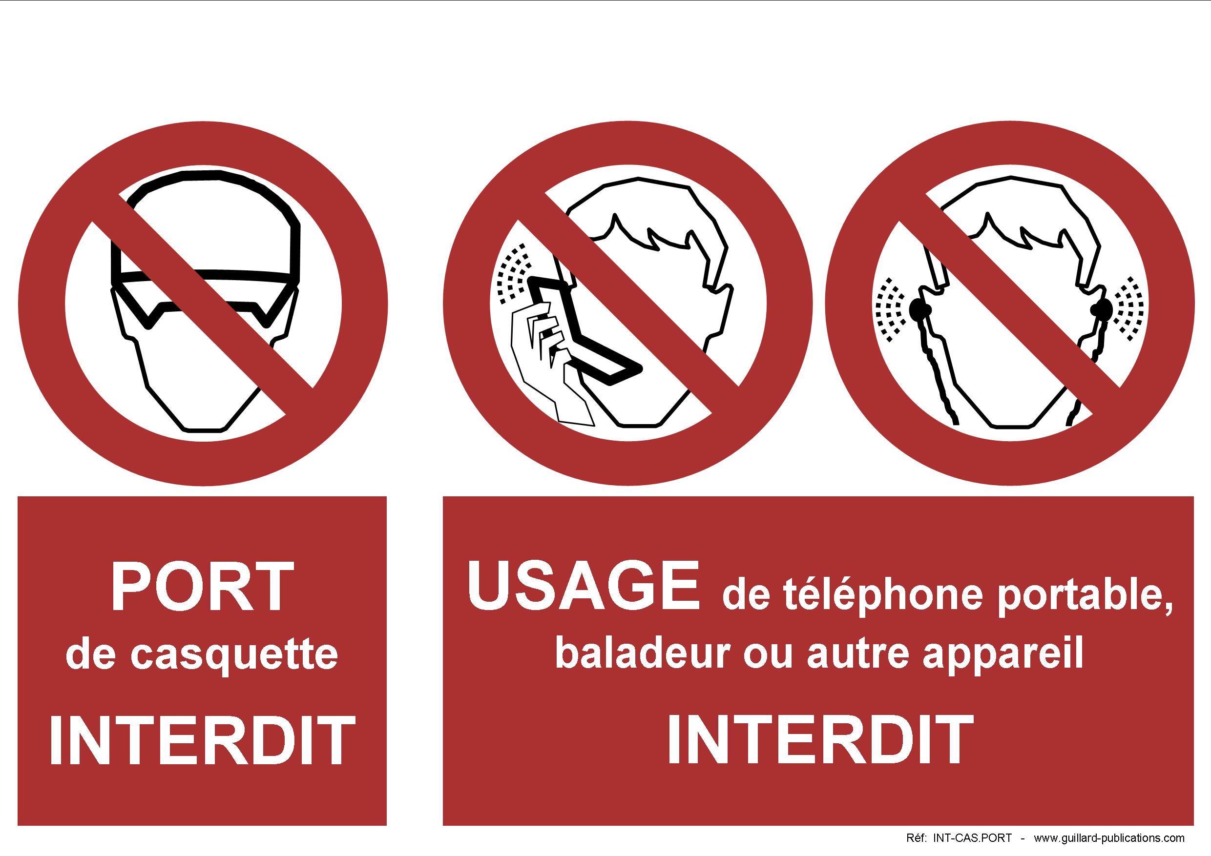 Signal d'interdiction de PORT DE CASQUETTE ET USAGE DE TELEPHONE